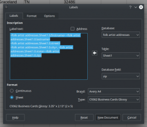 LibreOffice – address label merge (from spreadsheet) – Ryan and Debi